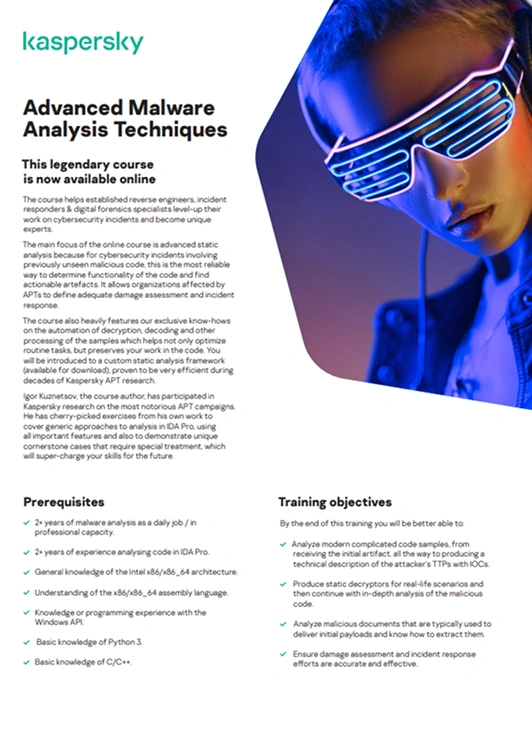 Kaspersky Online Advanced Malware Analysis Techniques datasheet
